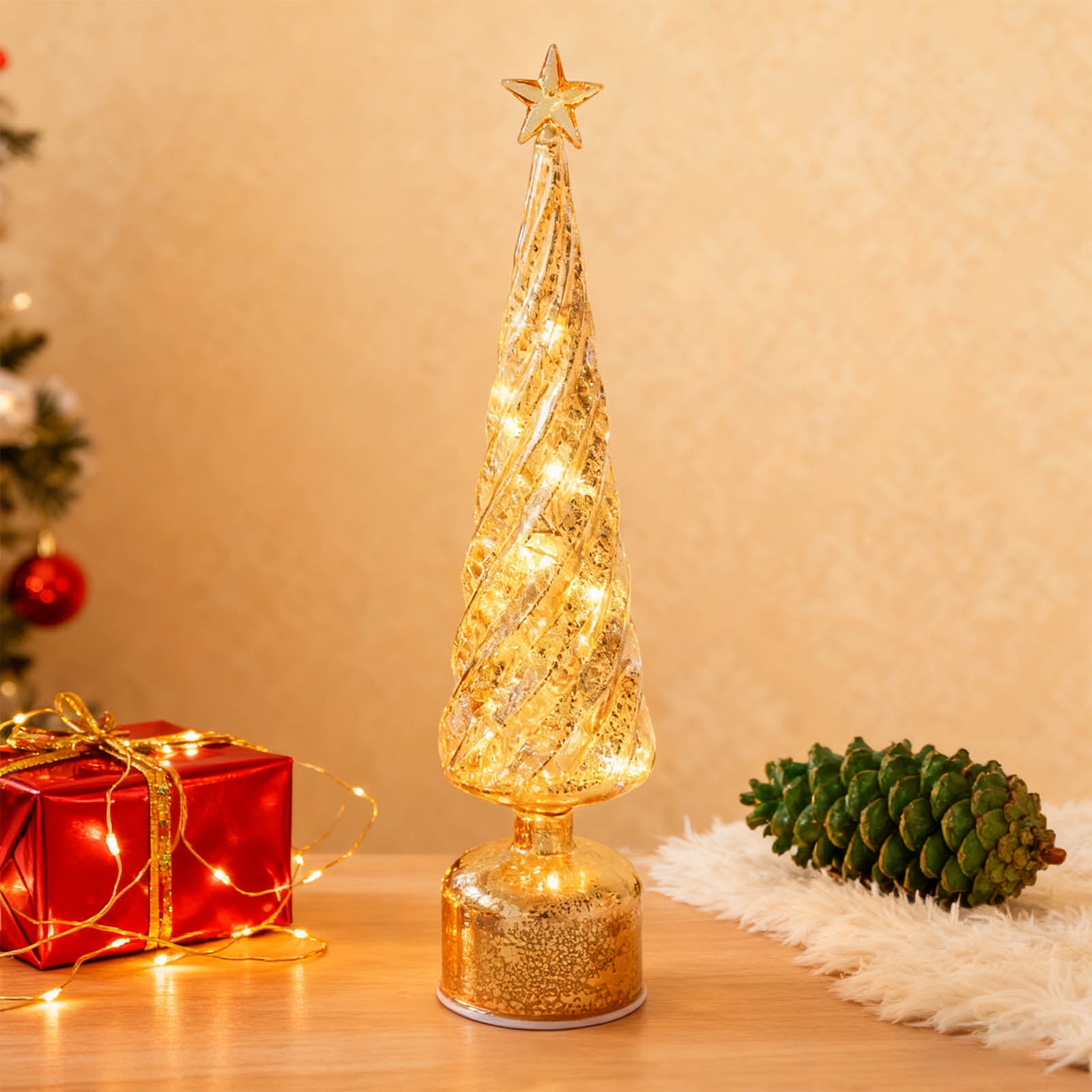 Rotating Glass Christmas Tree Decor with LED Lights, Spinning Crystal ...