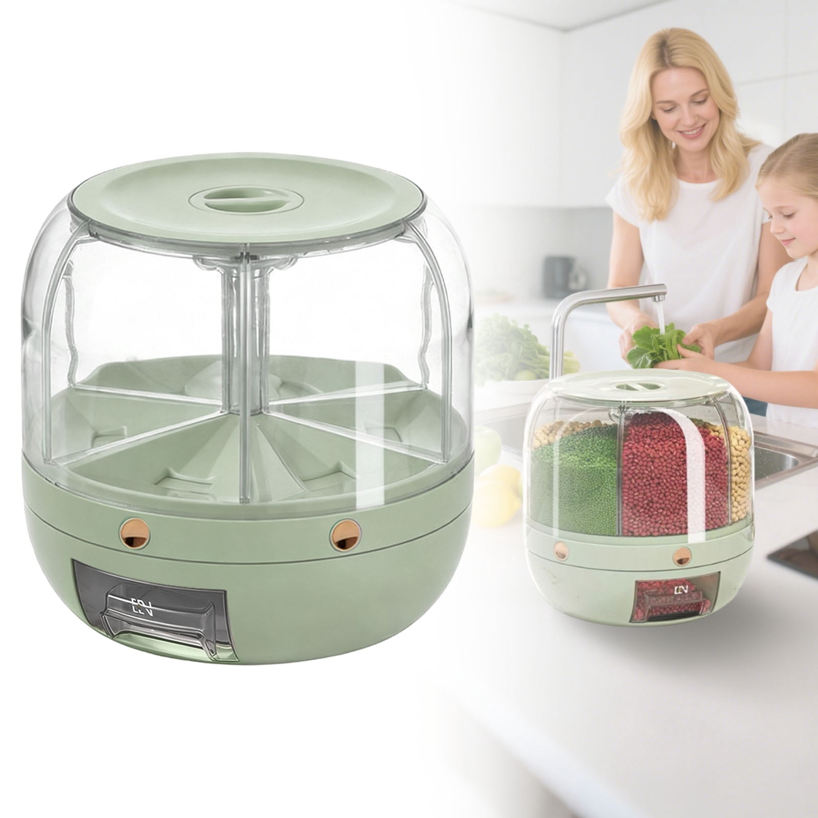 Rotating Grain Storage Bin 6 Grids,360°Rotating Rice Food Dispenser ...