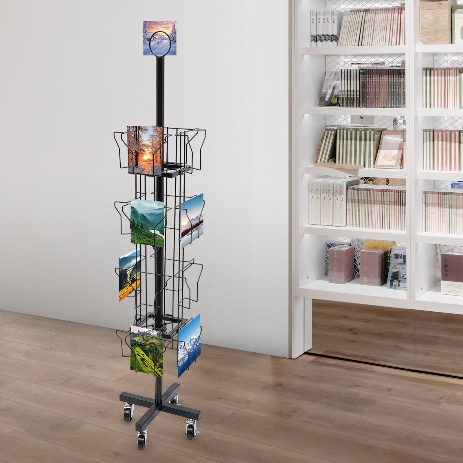 Rotating Greeting Card Rack with Wheels 4ft Tall 16 Pockets Stickers ...