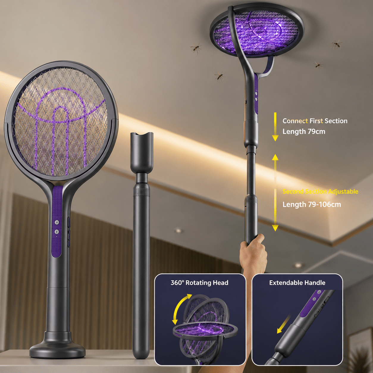Rotating Head Electric Fly Swatter Racket 3000V Rechargeable Bug Zapper ...