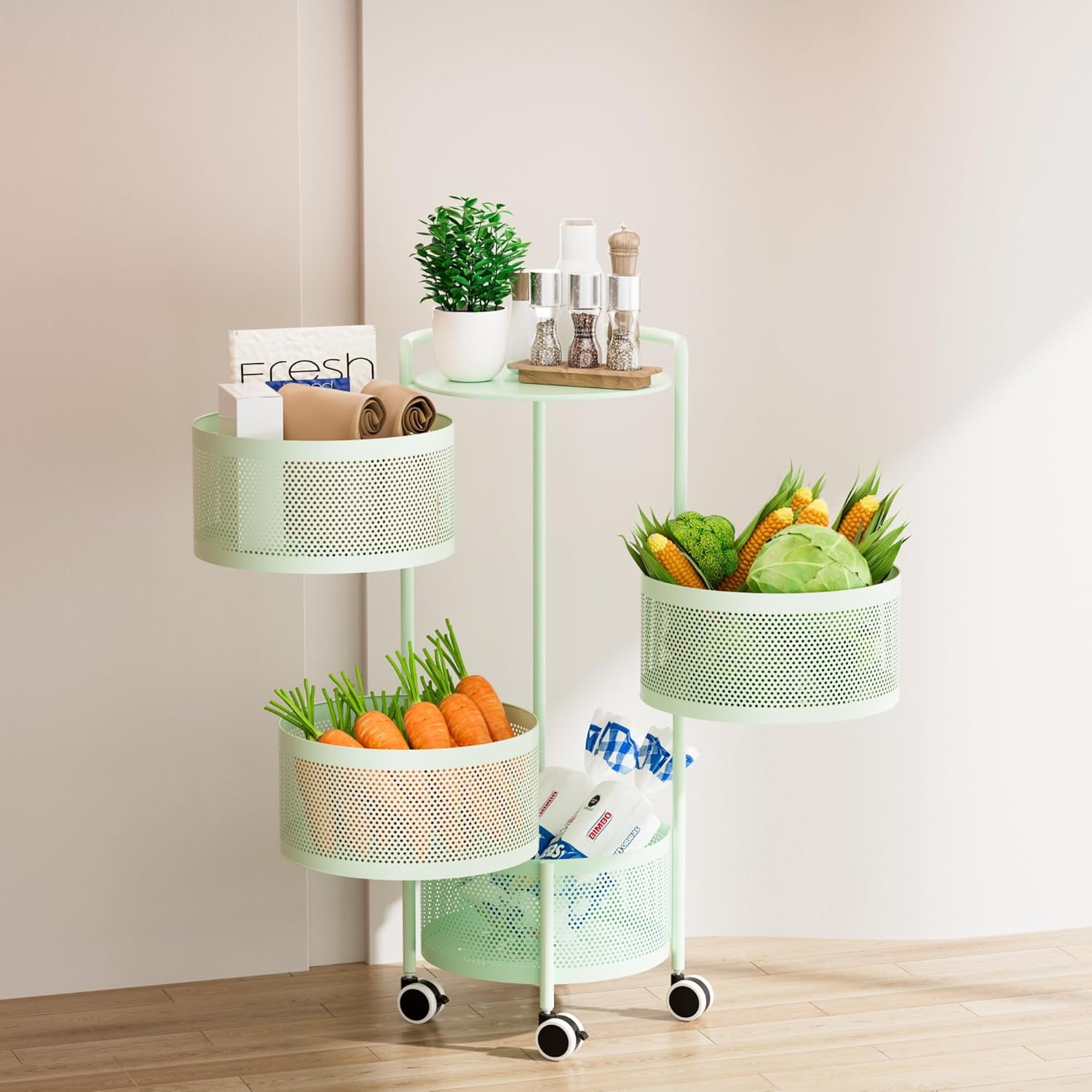 Rotating Kitchen Storage Rack No Assembly, 4-Tier Metal Storage Tower ...