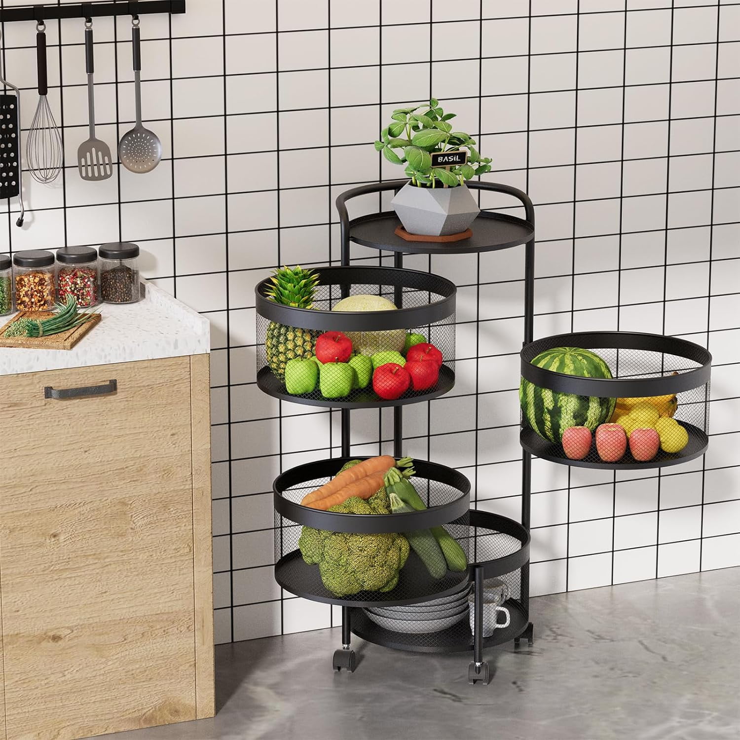 Rotating Kitchen Storage Rack No Assembly, 4-Tier Round Metal Storage ...