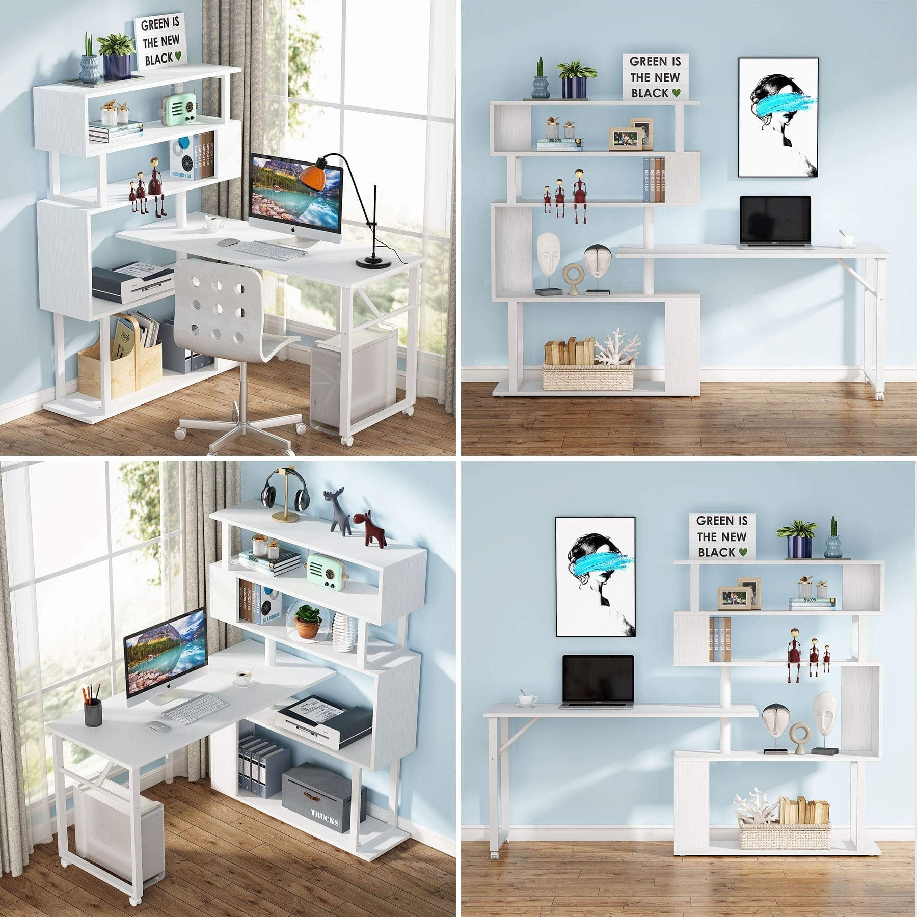 Rotating L Shaped Desk with Storage Bookshelf for Home Office White ...