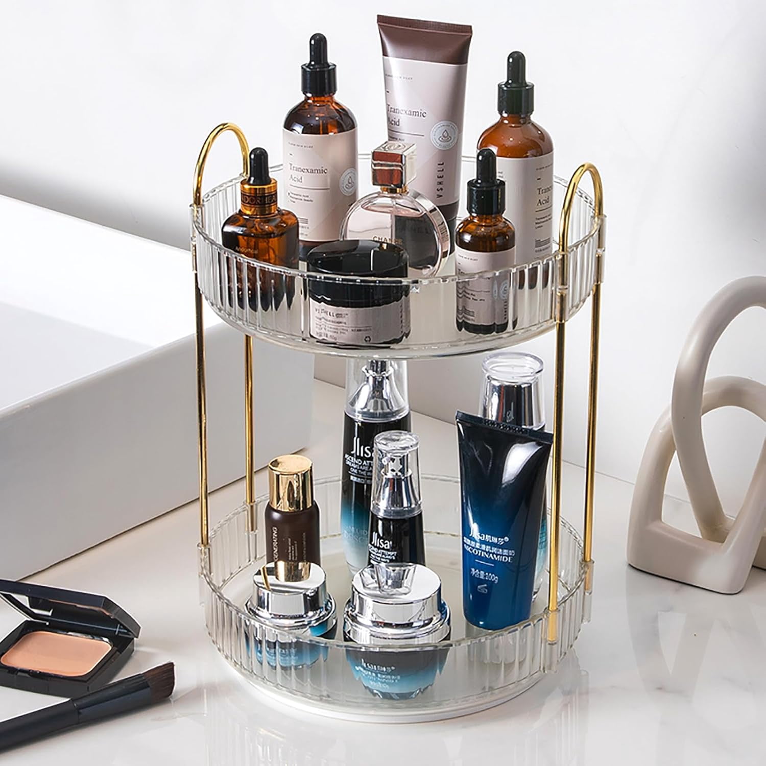 Rotating Makeup Organizer Countertop 2 Tier Lazy Susan Trays Clear ...
