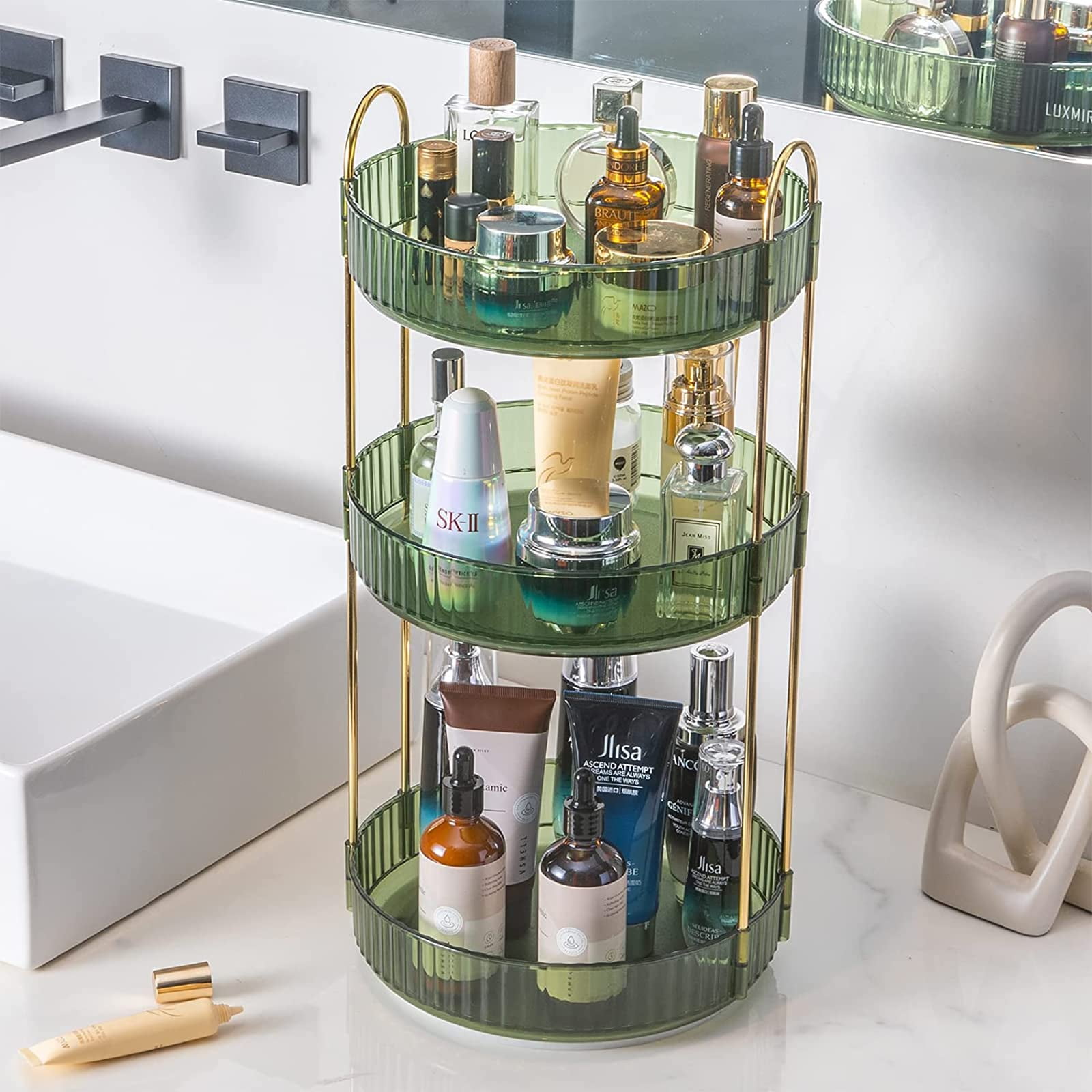 Rotating 3-Tier Vanity Makeup Organizer, High-Capacity Clear Cosmetic ...