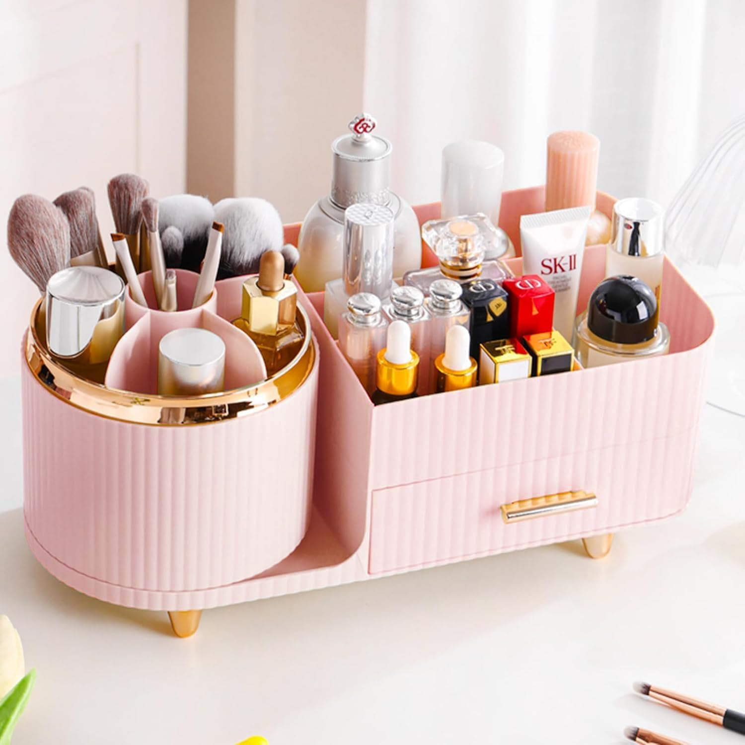 Rotating Makeup Organizer for Vanity with Brush Holder and Drawer ...