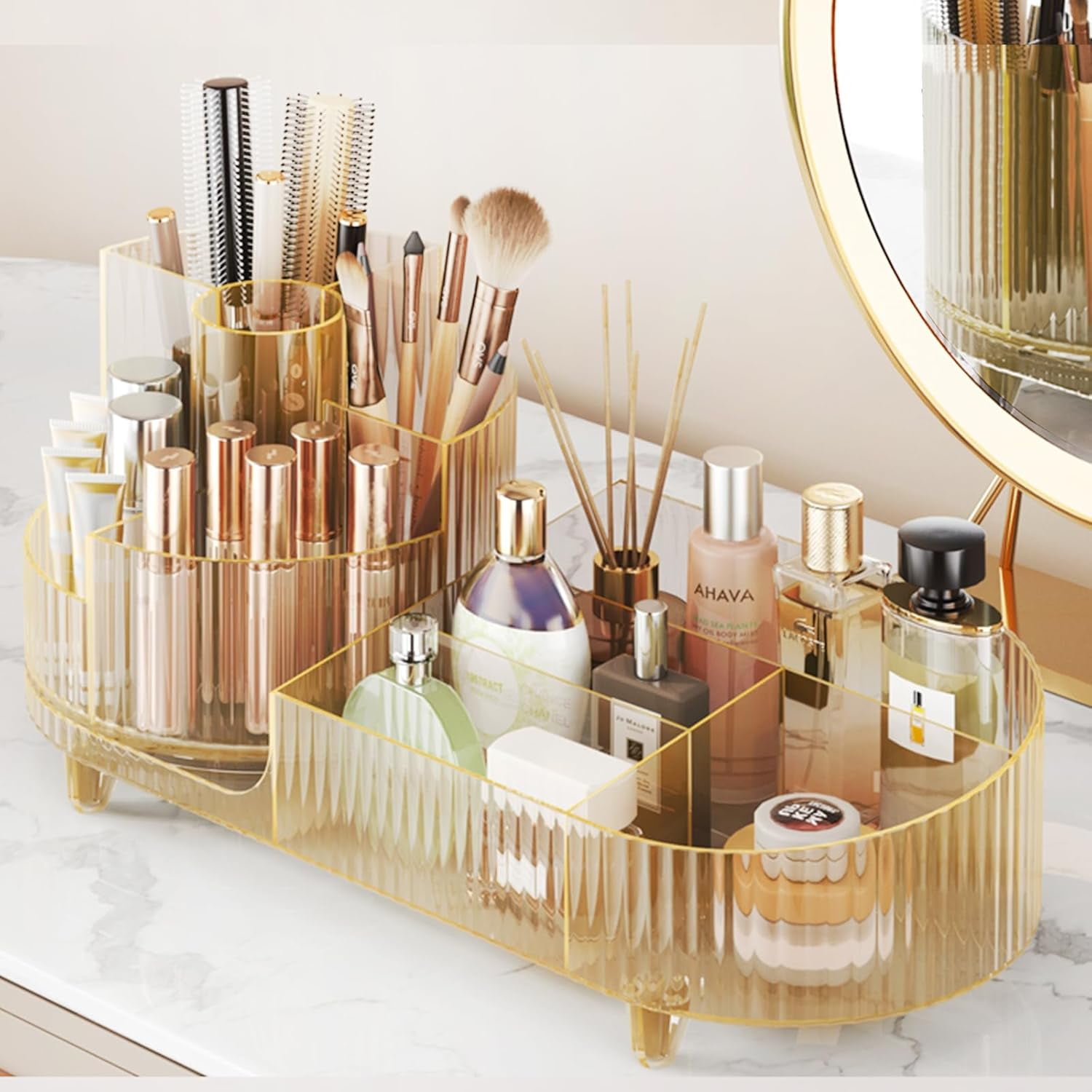 Rotating Makeup Organizer for Vanity with Brush Holder, Makeup Storage ...