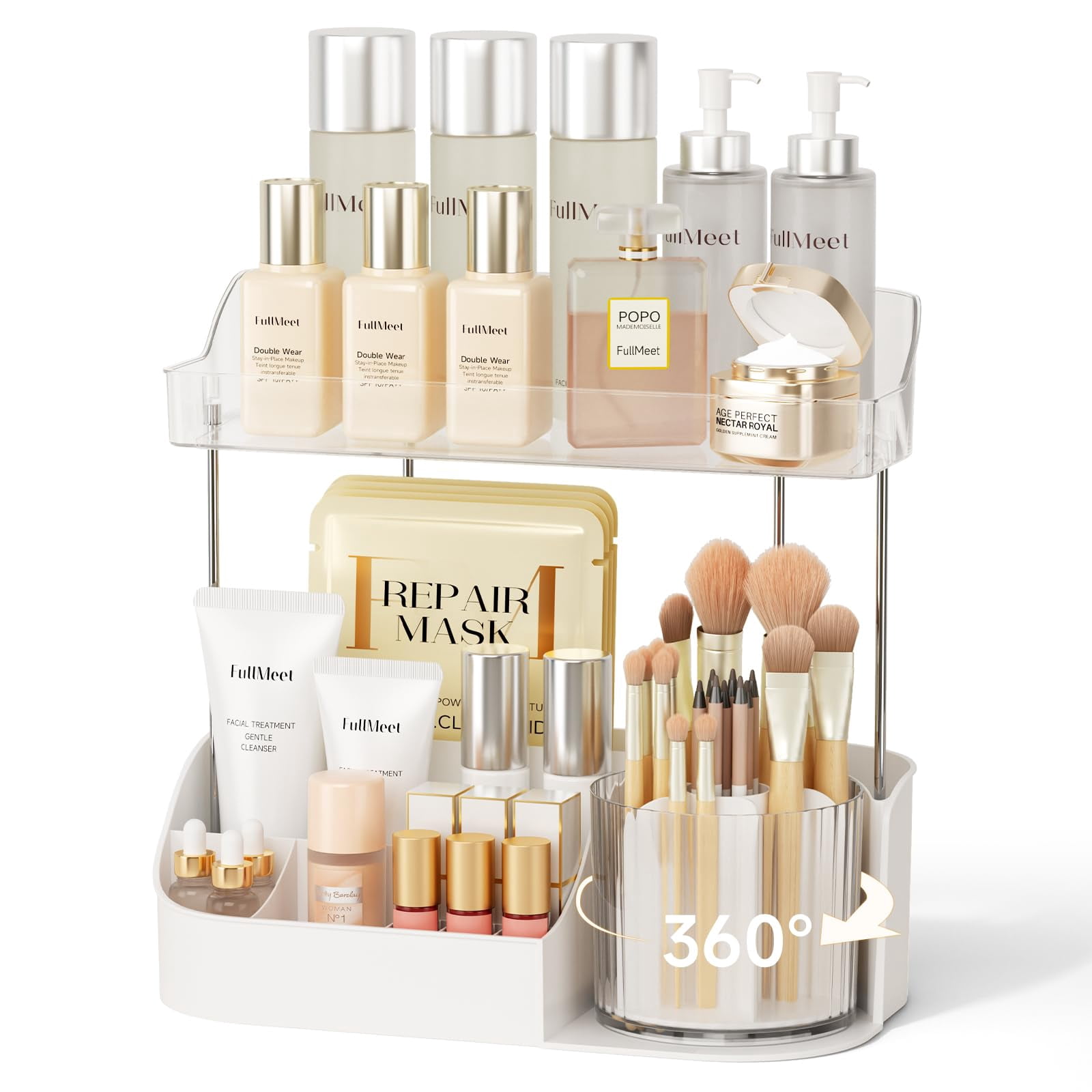 Rotating Makeup Organizer w/ Makeup Brush Holder, 2 Tier Bathroom ...