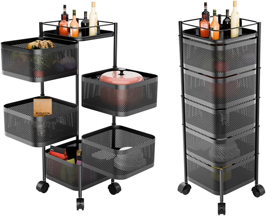 Rotating Pantry Cart with Wheels, 5-Tier Metal Wire Shelf for Kitchen ...