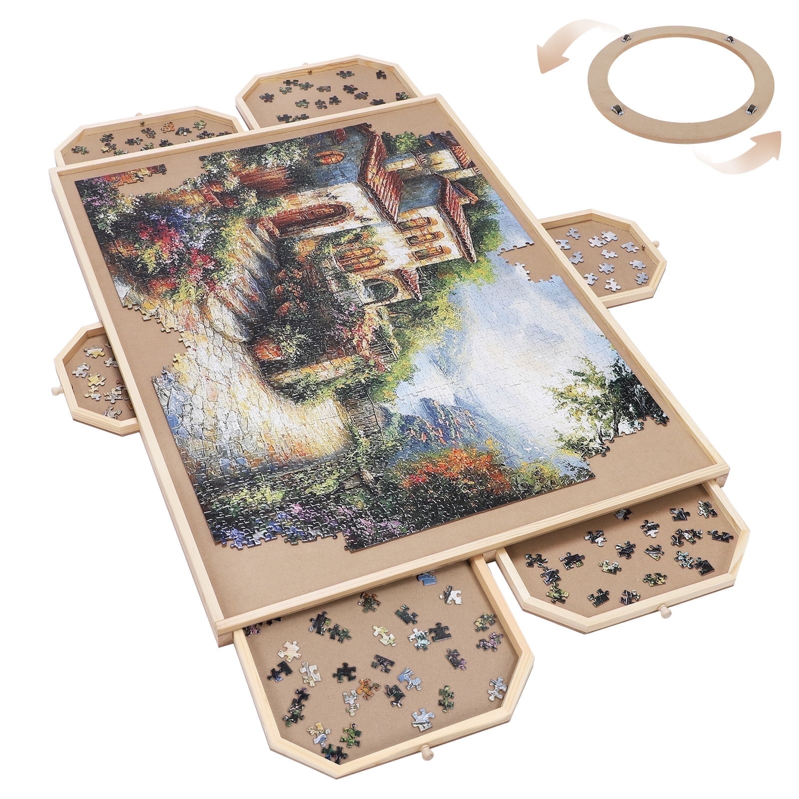 Rotating Puzzle Board With Drawer Cover, 34x26 Inch Wooden Puzzle Table ...