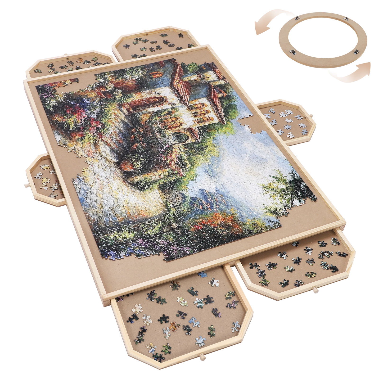Rotating Puzzle Board With Drawer Cover, 34x26 Inch Wooden Puzzle Table ...