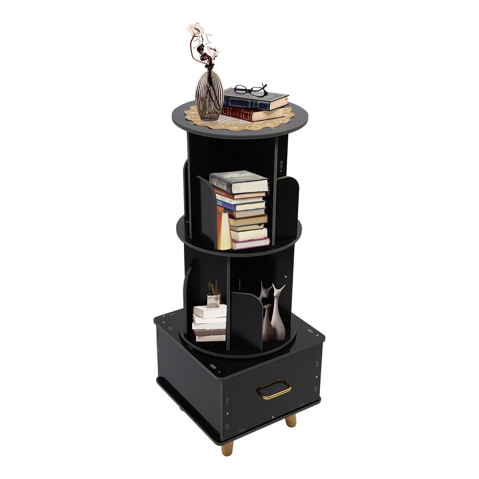 Rotating Pvc Bookshelf 360 Display Book Shelf Tower With Drawer 3 Tier ...