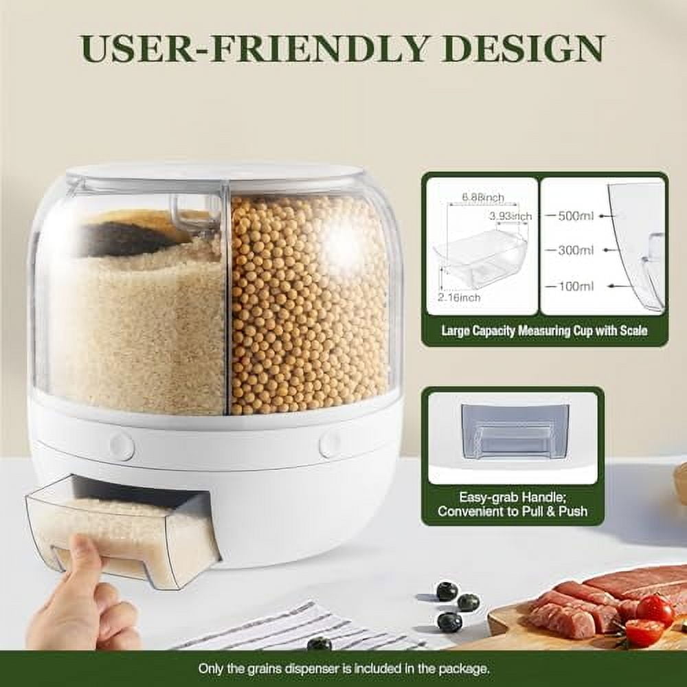 Rotating Rice Dispenser 13Lbs Grain Storage Container with Lid 6 Grids ...