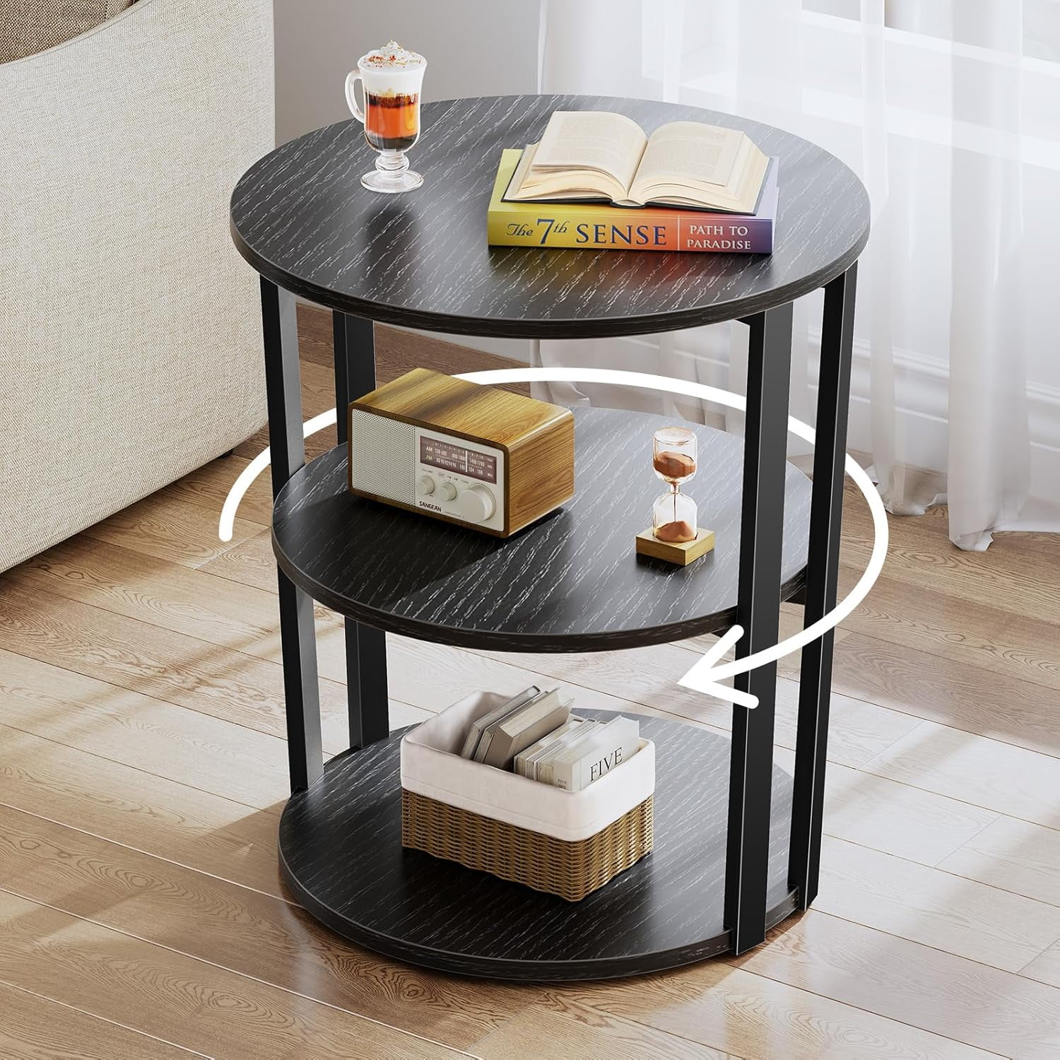 Rotating Round Side Table, 3-Tier End Table with Metal Frame ...