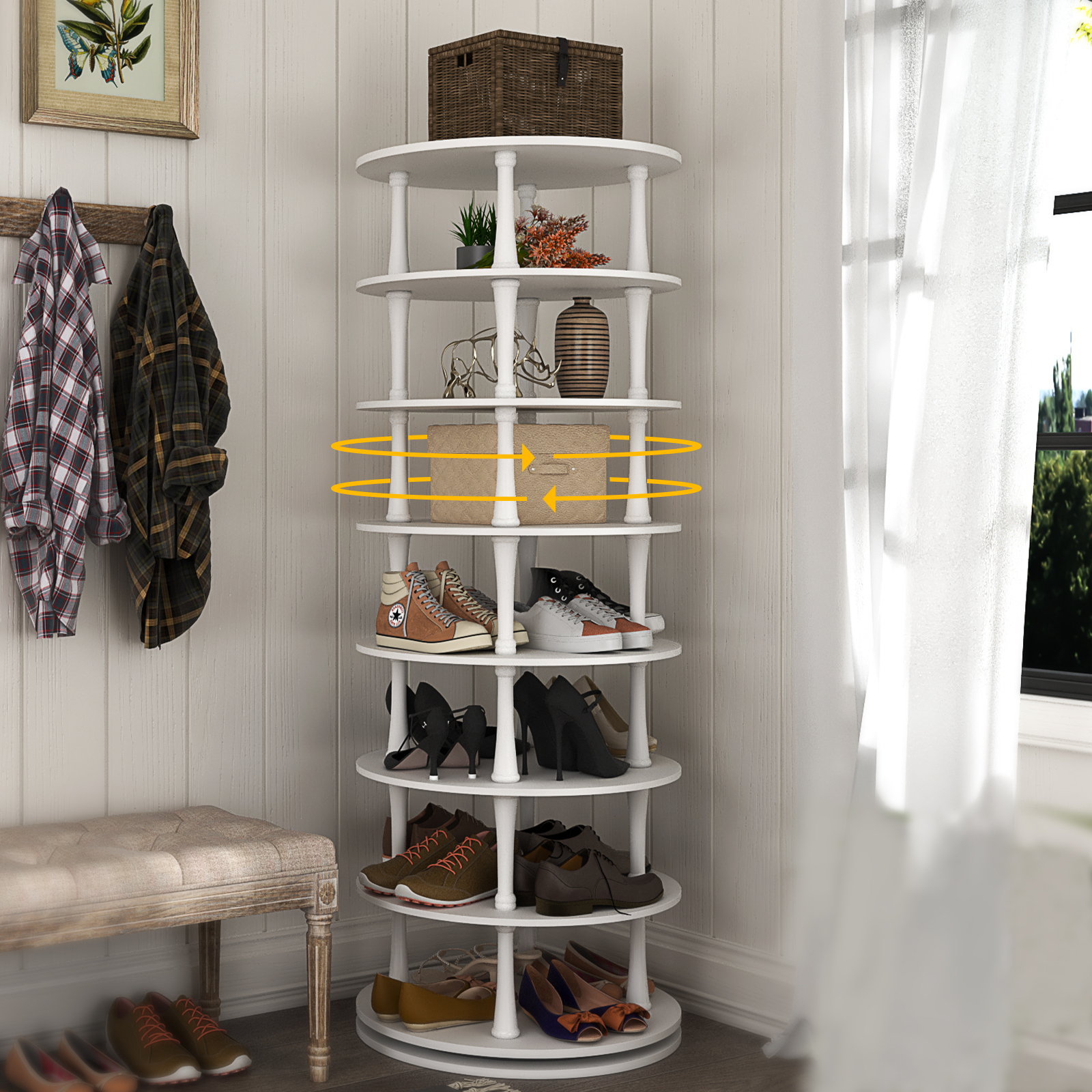 Montauk 16 Pair Revolving Shoe Storage Rack Carousel, White Wood ...