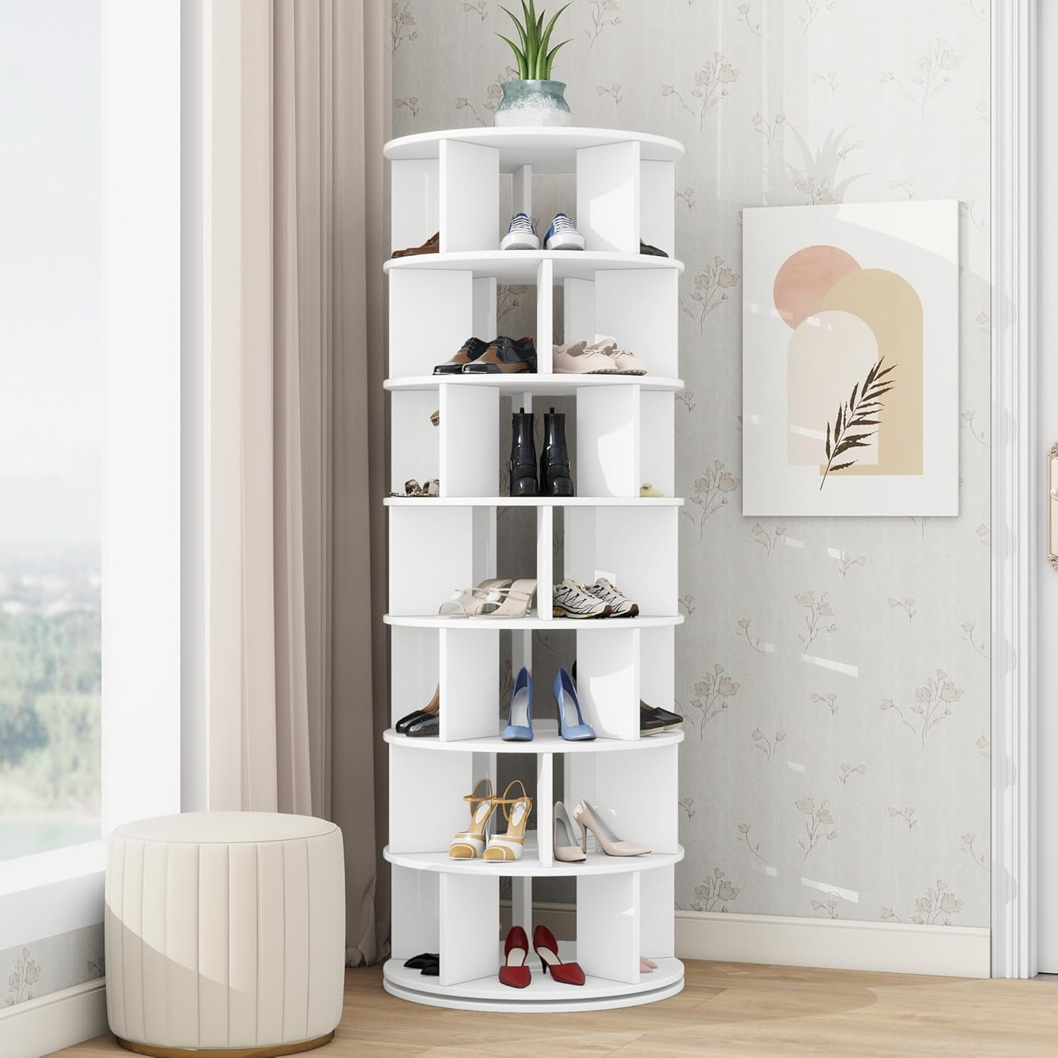 Rotating Shoe Rack Tower, 7-Tier Spinning Shoe Shelf with 5 Grids Per ...