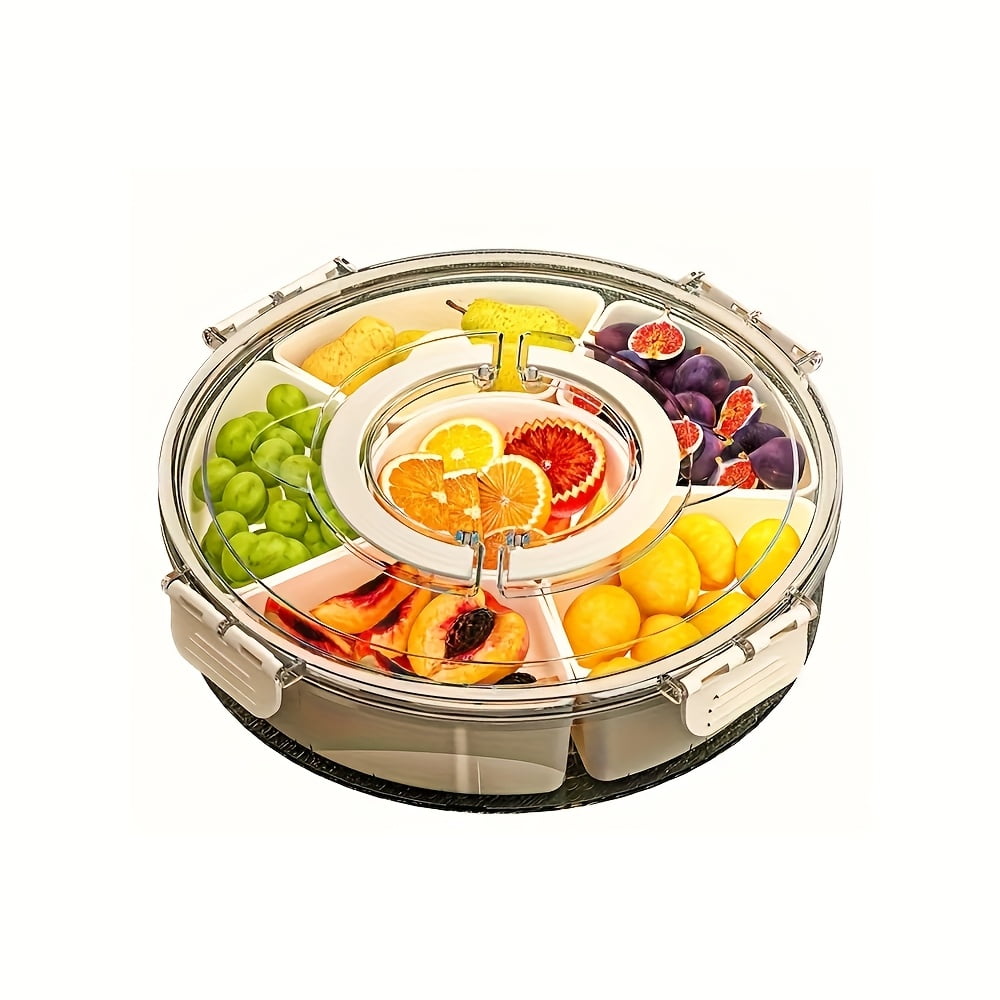 Rotating Snack Tray with Lid and Handle - Multi-Compartment Fruit and ...