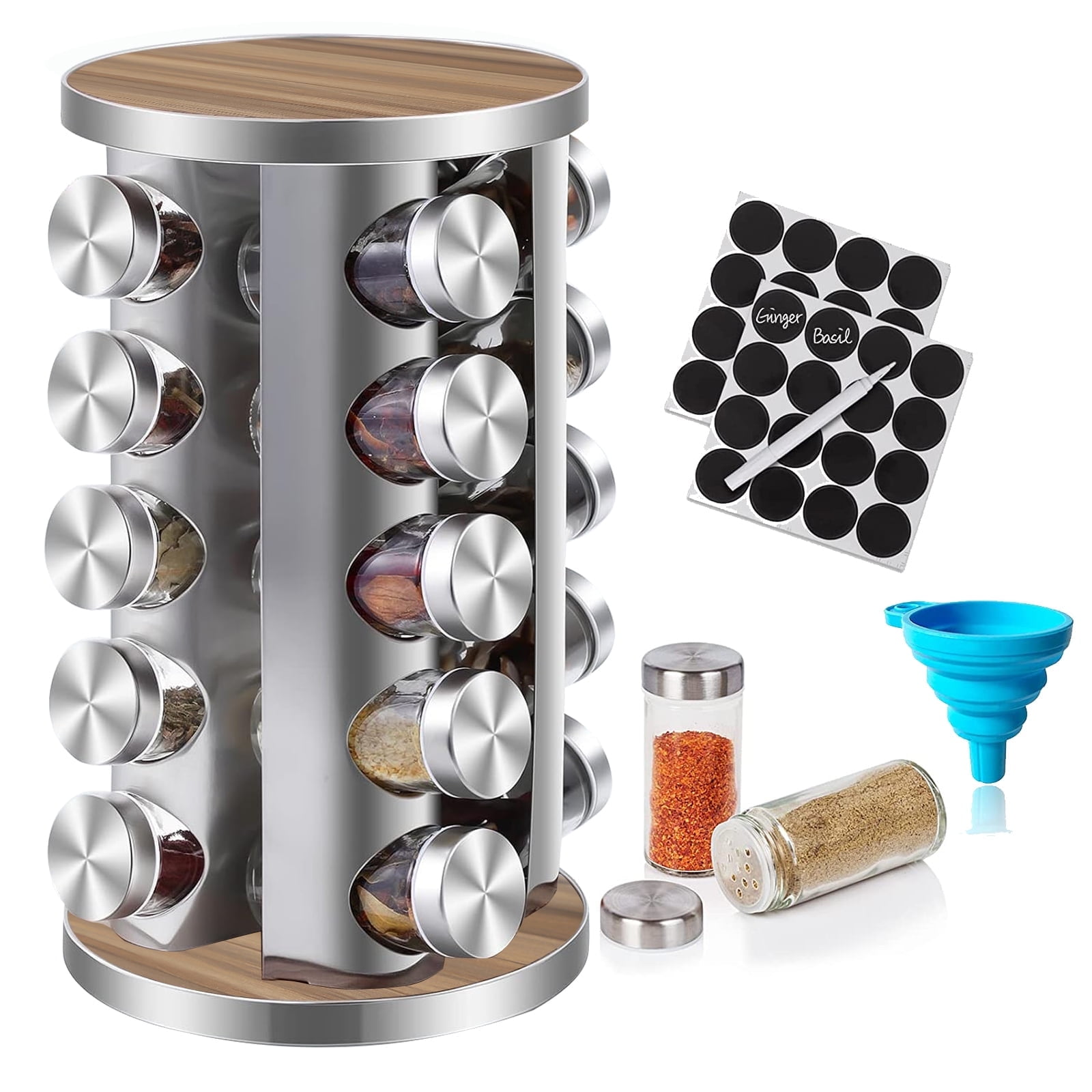 doodleowl Rotating Spice Rack Organizer, 20 Glass Jars Included ...