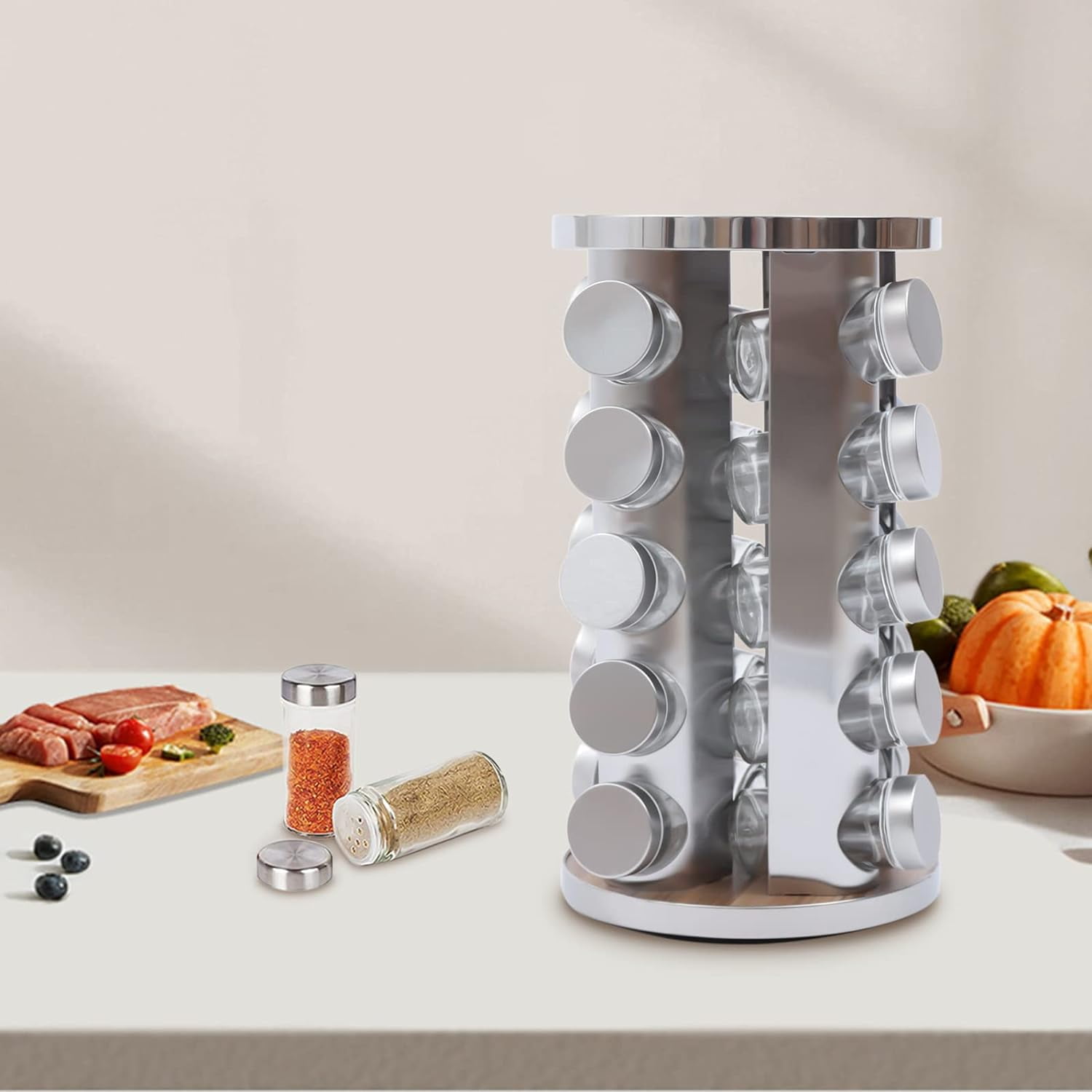 Rotating Spice Rack Organizer (With 20 Jars) Stainless Steel Spice ...