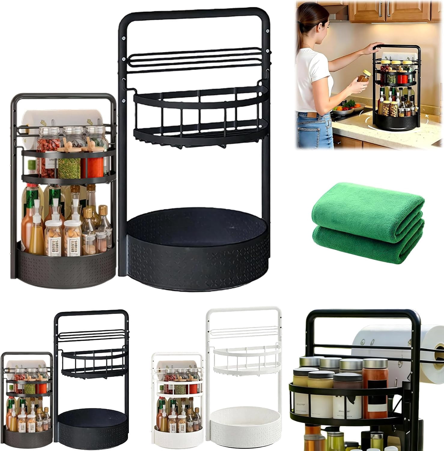 Rotating Spice Rack with Paper Towel Holder, 360 Degree 2 Tier Height ...