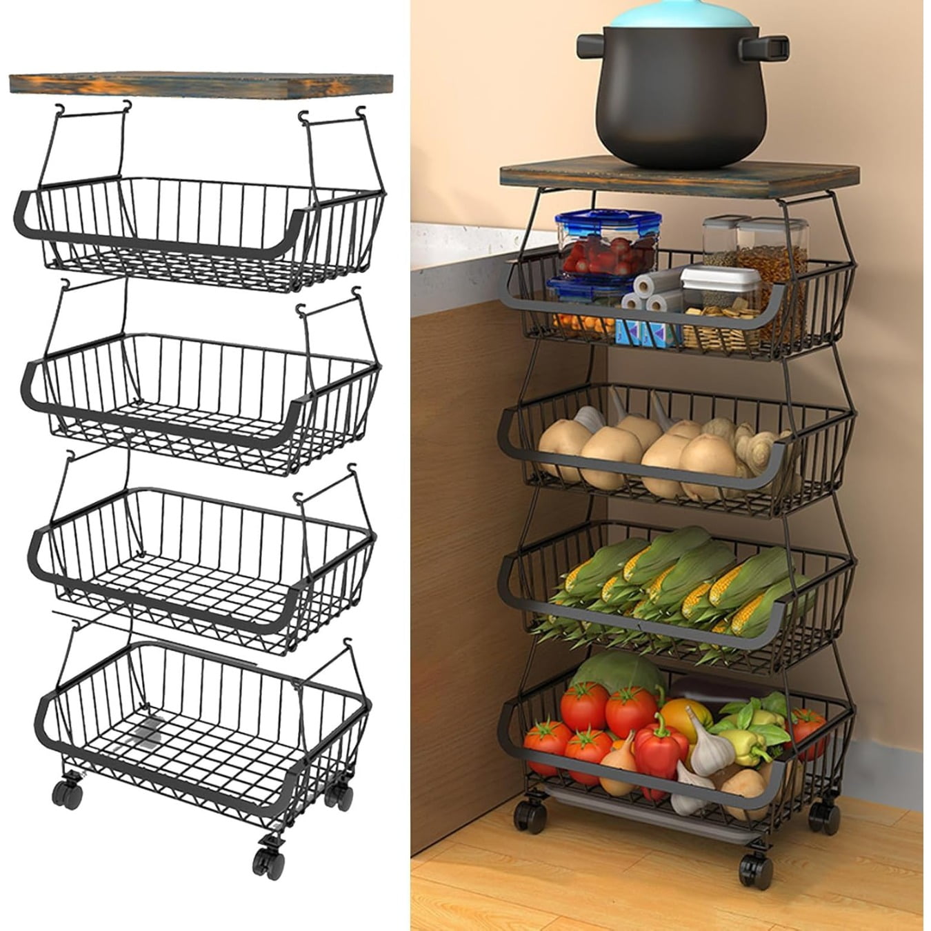 Rotating Storage Basket with Wheels and Top Table Multi Tier Metal Wire ...
