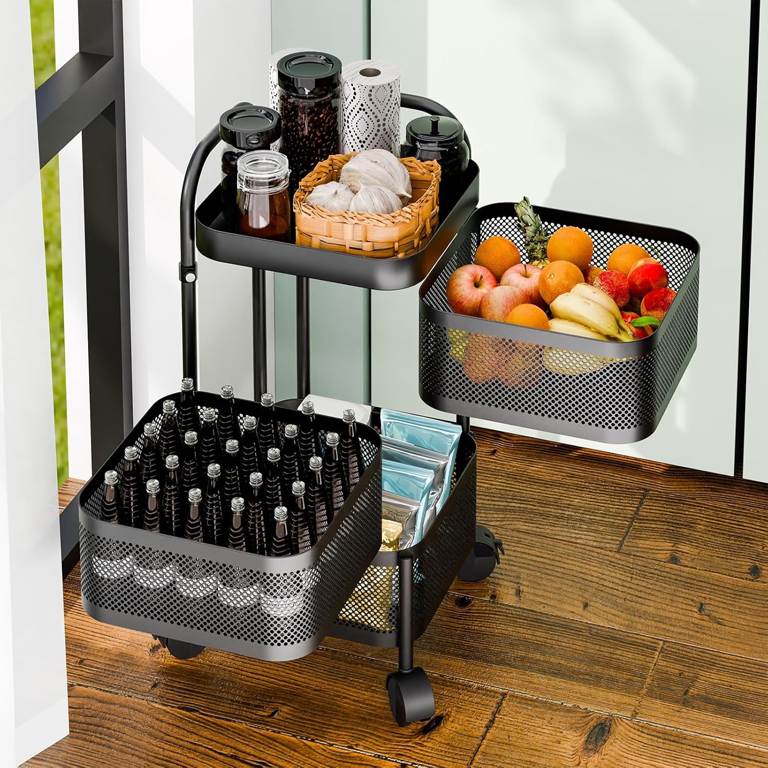 Rotating Storage Shelf with Wheels, 3/4/5-Tiers Square Kitchen Trolley ...
