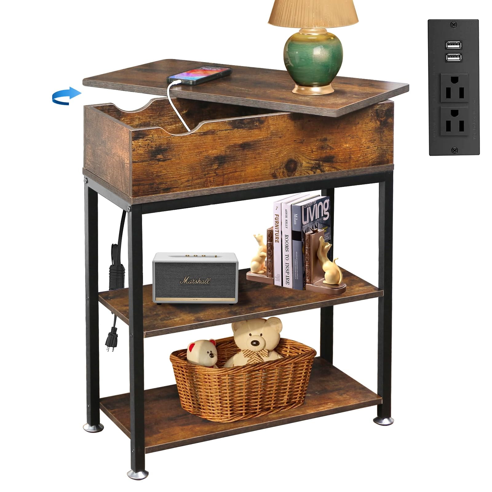 Rotating Top End Table with Charging Station, Side Table with USB Ports ...