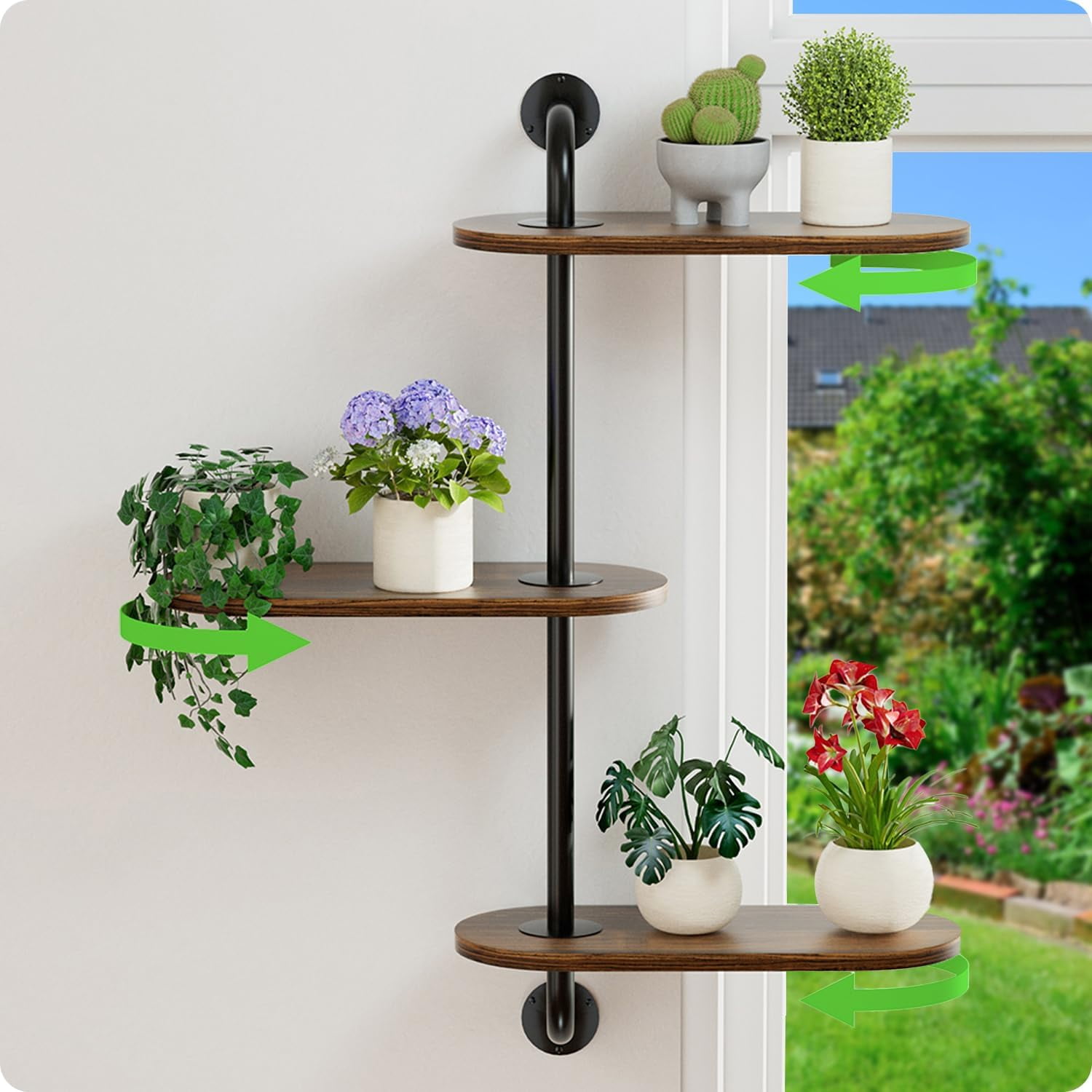 Rotating Window Plant Shelves 3-Tier, Wooden Window Shelf for Plants ...