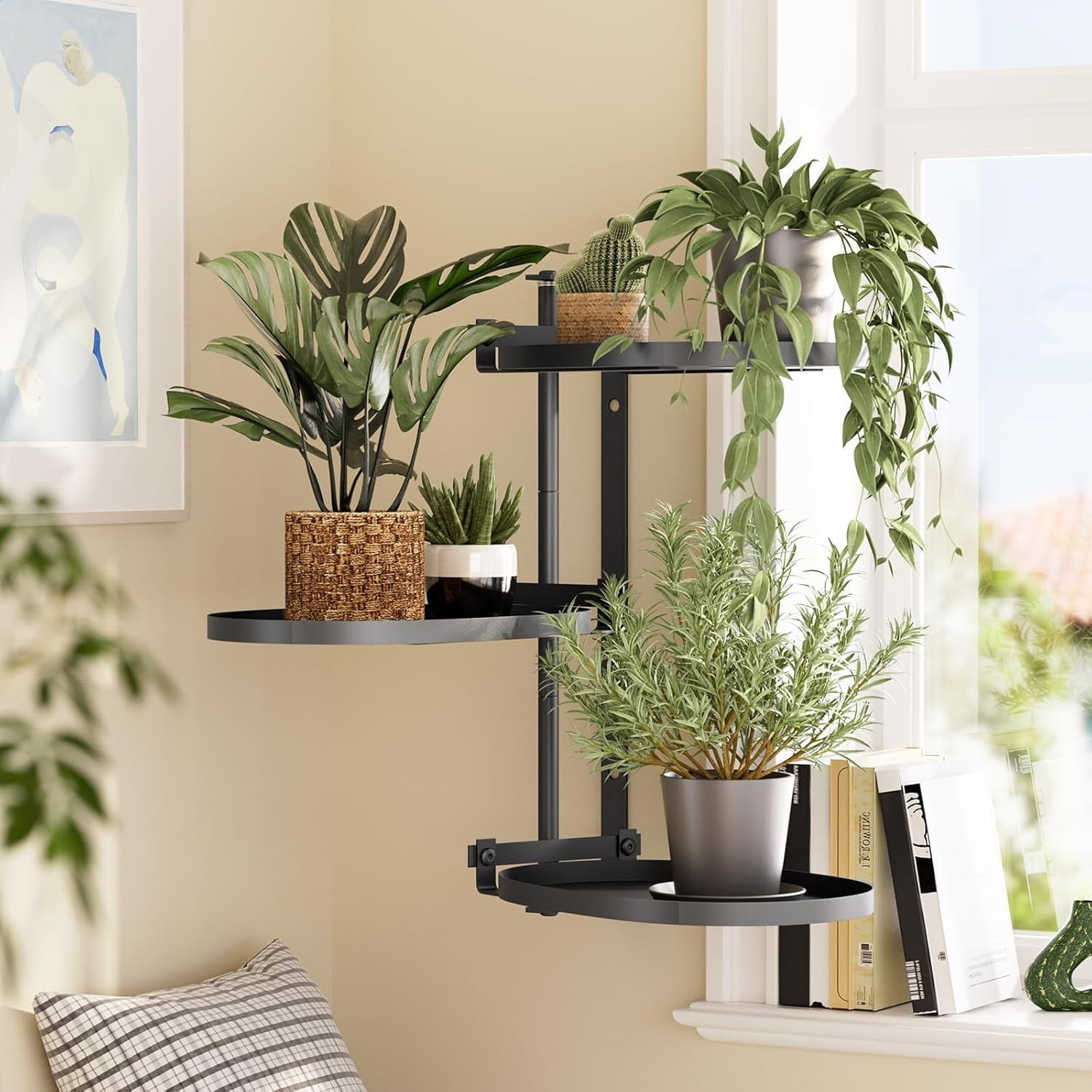 Rotating Window Plant Shelves Indoor, 3-Tier Metal Plant Shelf Stand ...