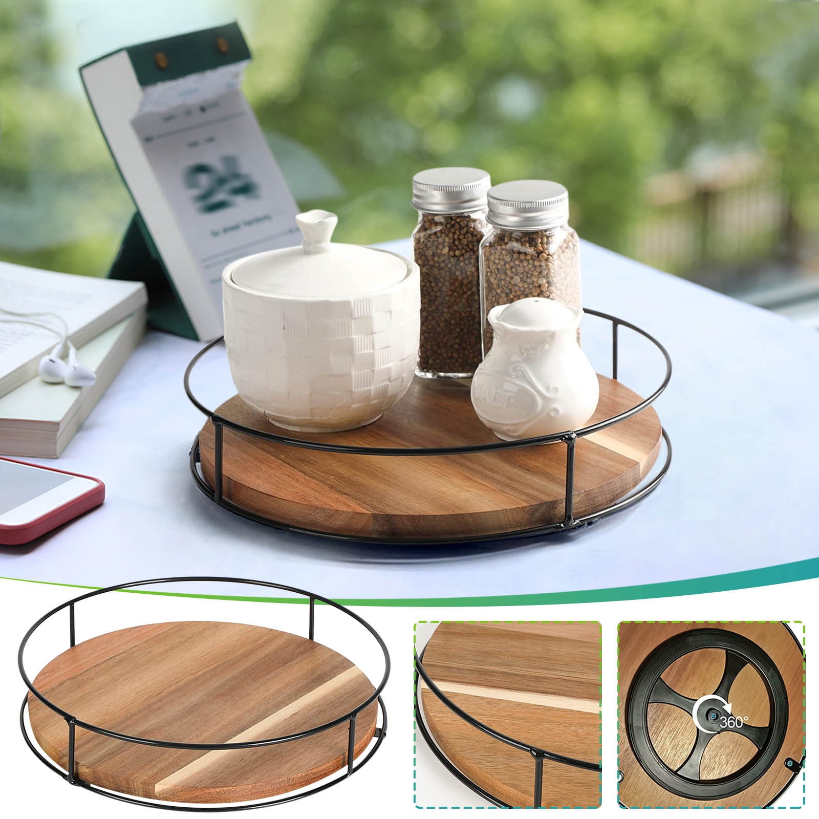 Rotating Wooden Serving Tray - 9" Solid Wood Lazy Susan with Cheese ...