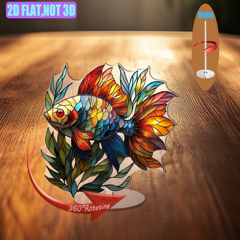 Rotating acrylic decor features a vibrant angelfish with a peacock ...