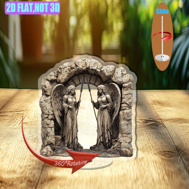 Rotating acrylic decor featuring twin angel statues with spears ...