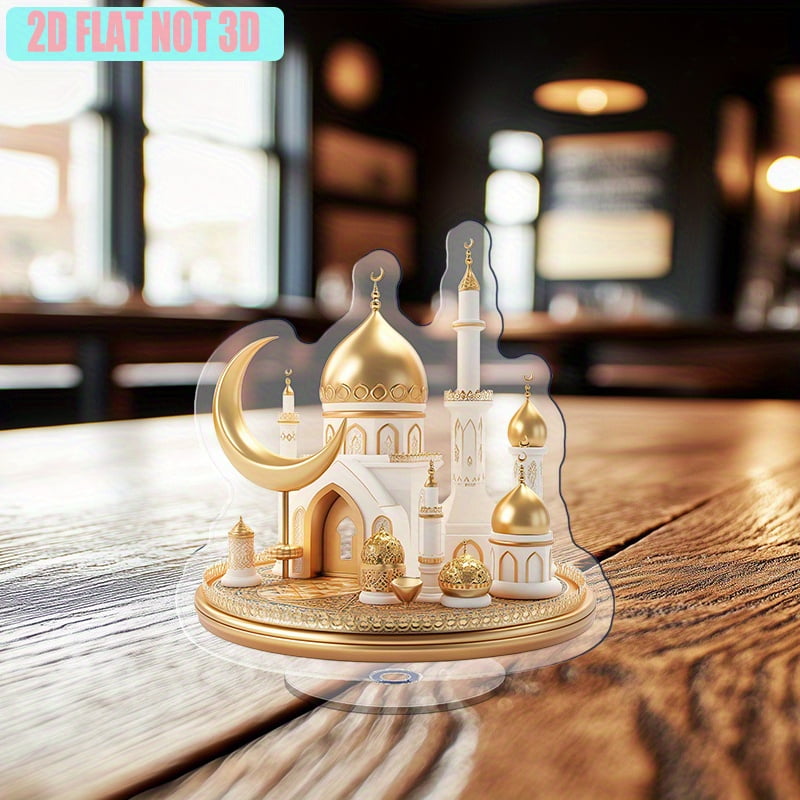 Rotating acrylic decoration featuring a golden crescent moon mosque and ...