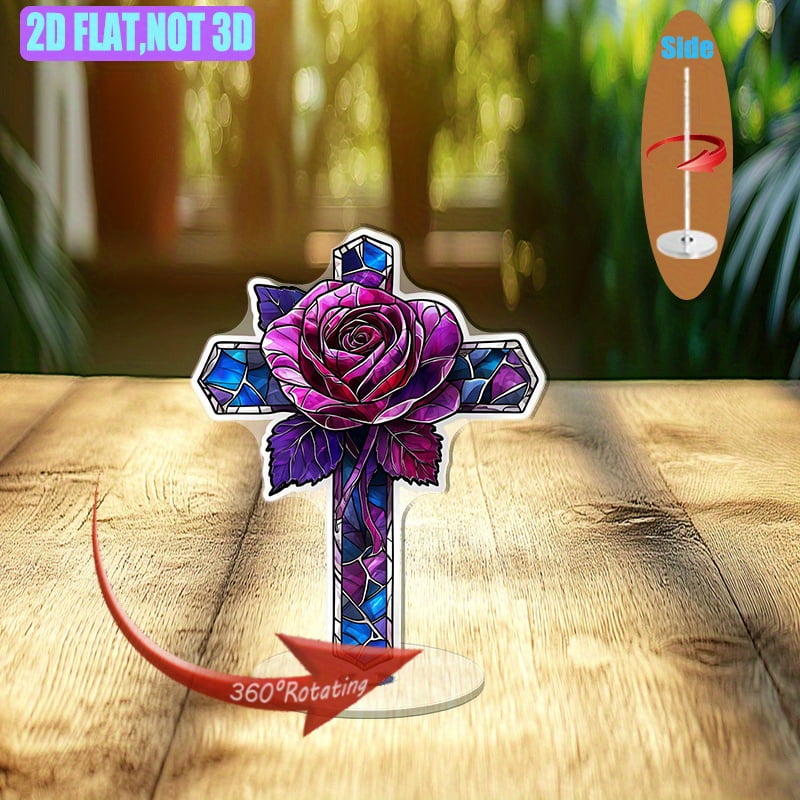 Rotating acrylic decoration featuring a stained glass rose cross design ...