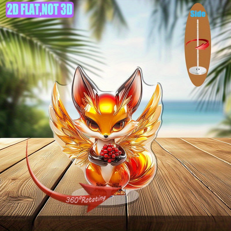 Rotating acrylic display features a cartoon-style winged fox with a sly ...