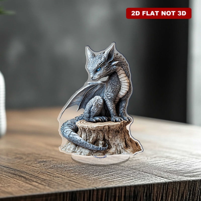 Rotating acrylic display features a cat-headed dragon on a tree stump ...