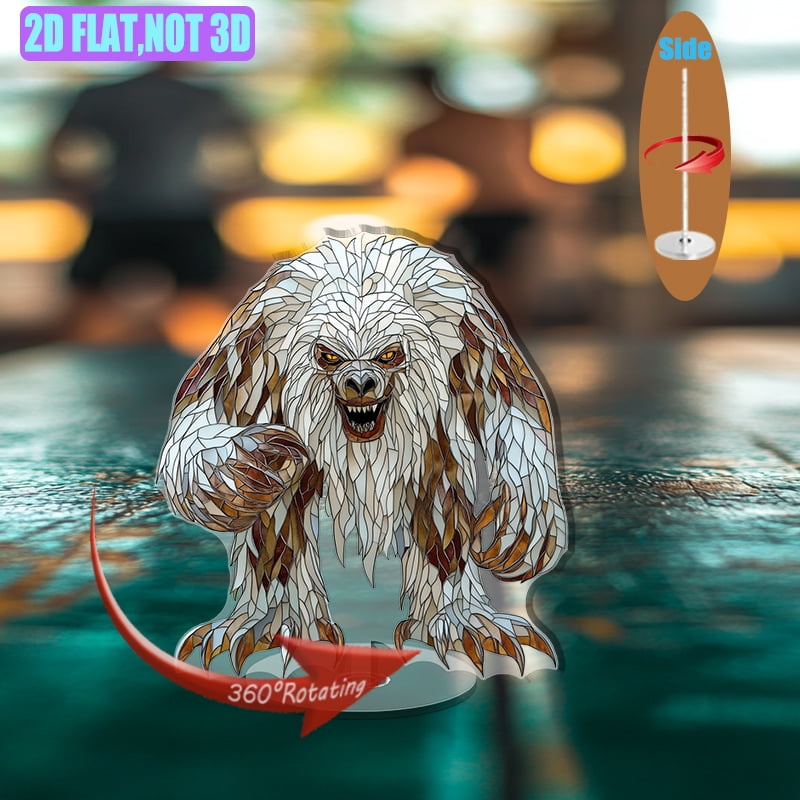 Rotating acrylic display features a lifelike yeti crafted from fur ...