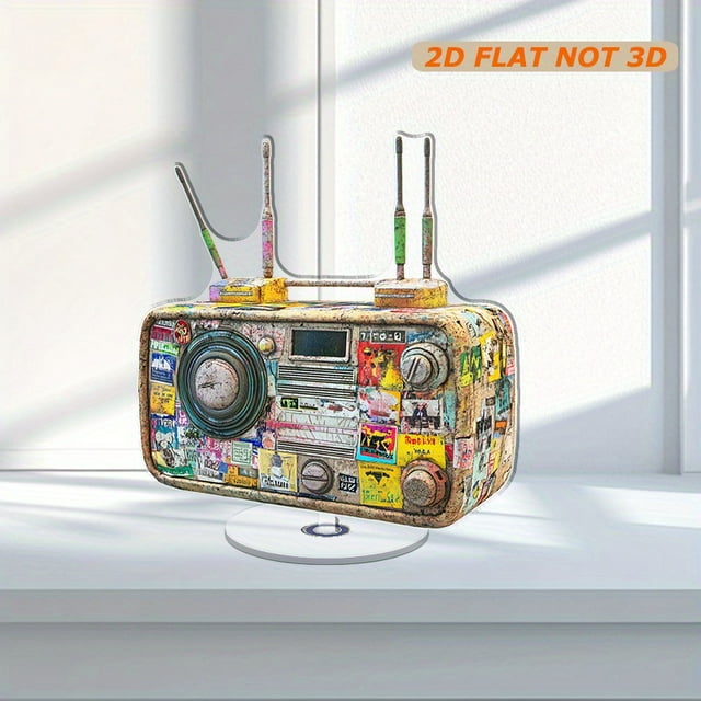 Rotating acrylic display features a retro handheld radio with colorful ...