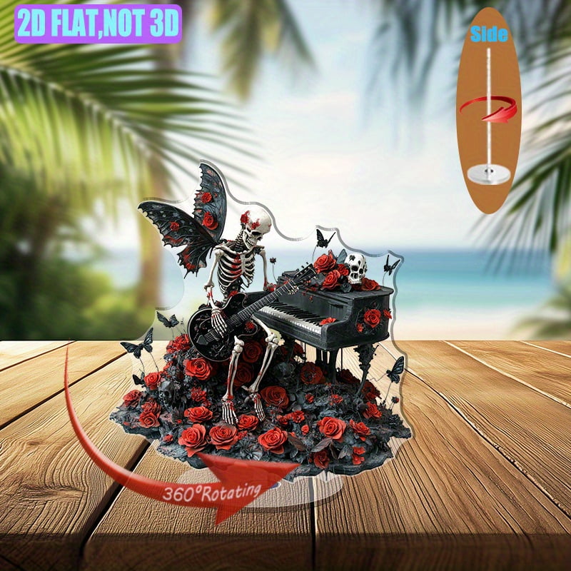Rotating acrylic display features a skeleton with a black guitar and ...
