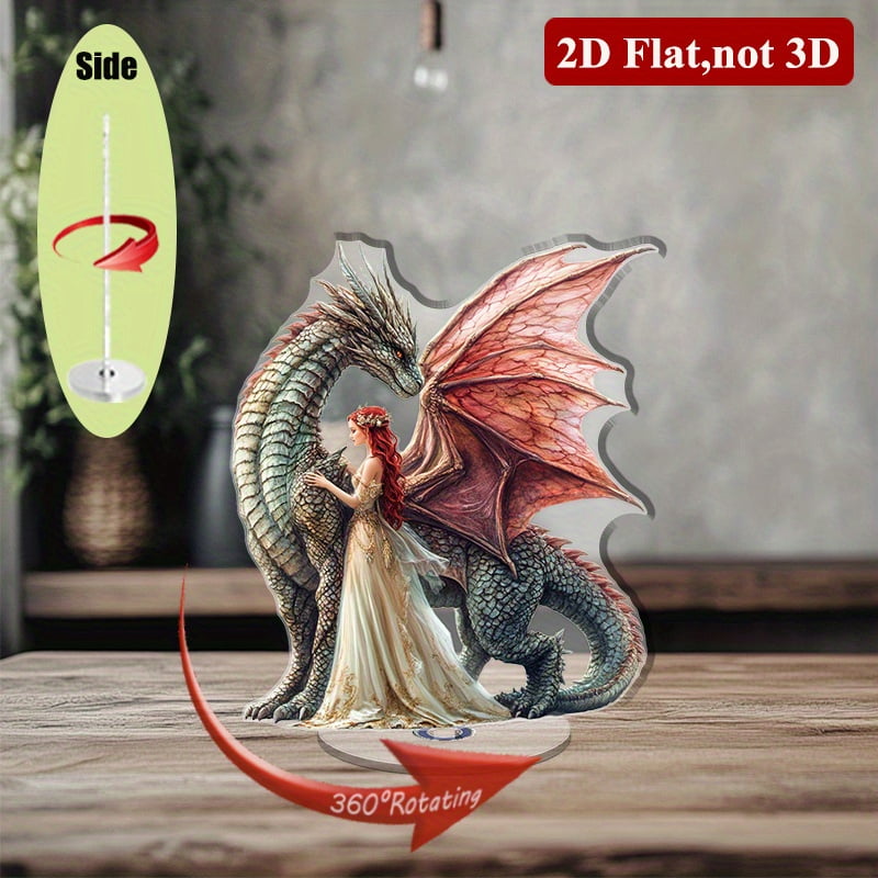 Rotating acrylic display features a fairy with red wings and her regal dragon friend captured in ...