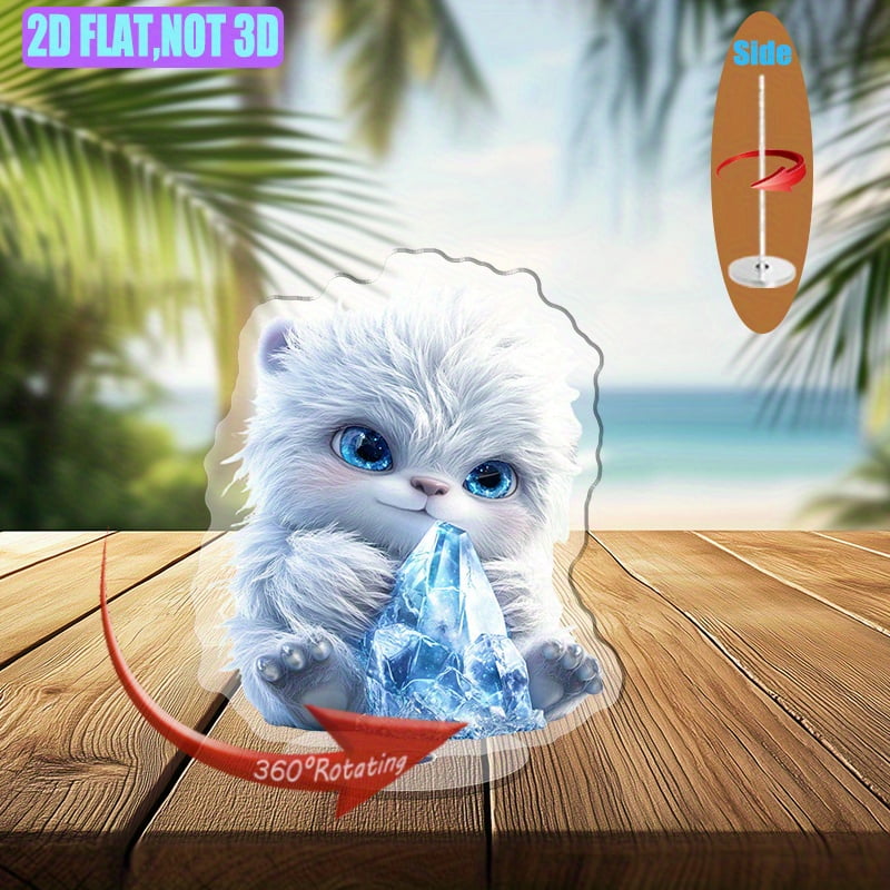 Rotating acrylic display features a fluffy white yeti with blue eyes ...