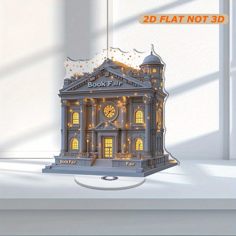 Rotating acrylic display features a historic library with a clock tower ...