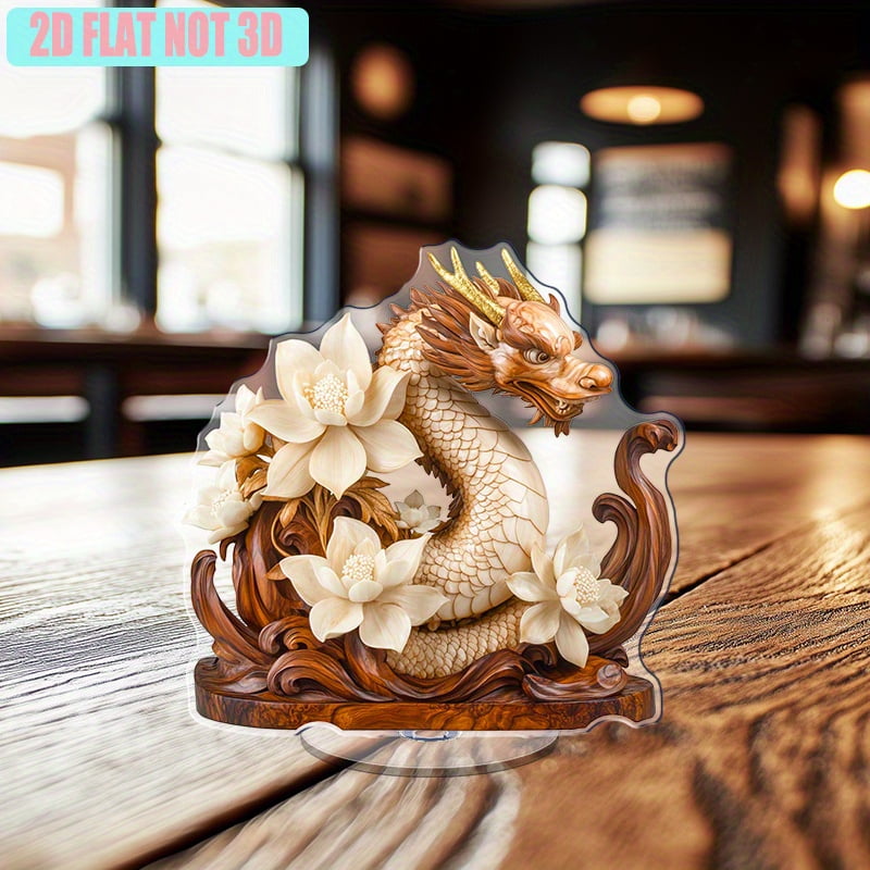 Rotating acrylic display features an intricately carved mahogany dragon ...