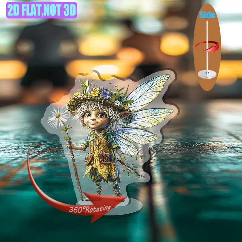 Rotating acrylic display features a meadow imp in dandelion fluff hat ...