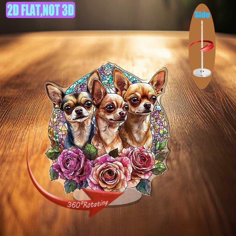 Rotating acrylic display features realistic Chihuahuas with pink roses ...