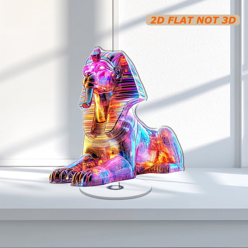 Rotating acrylic display features a realistic Egyptian Sphinx with glowing neon hieroglyphics ...