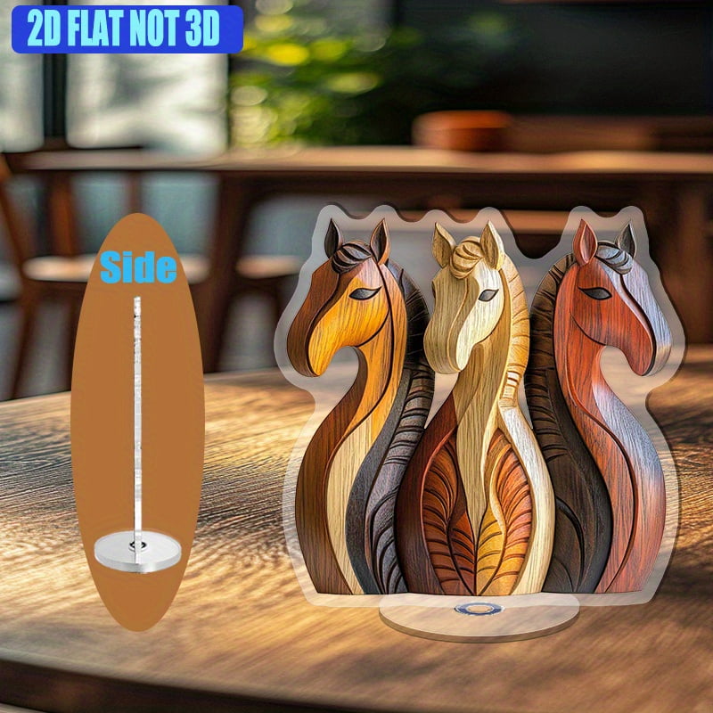 Rotating acrylic display features three carved wooden horses with ...