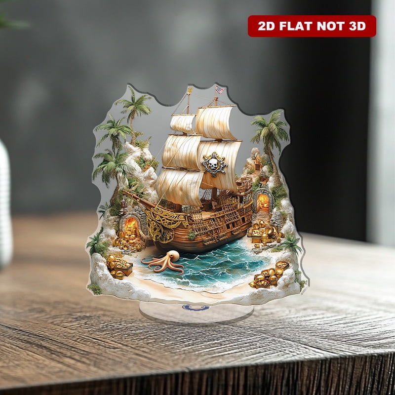 Rotating acrylic display featuring a 1950s pirate ship on a beach ...