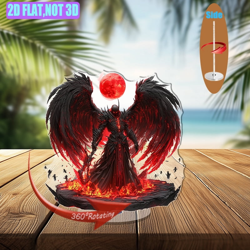 Rotating acrylic display featuring a black-winged demon angel amidst ...