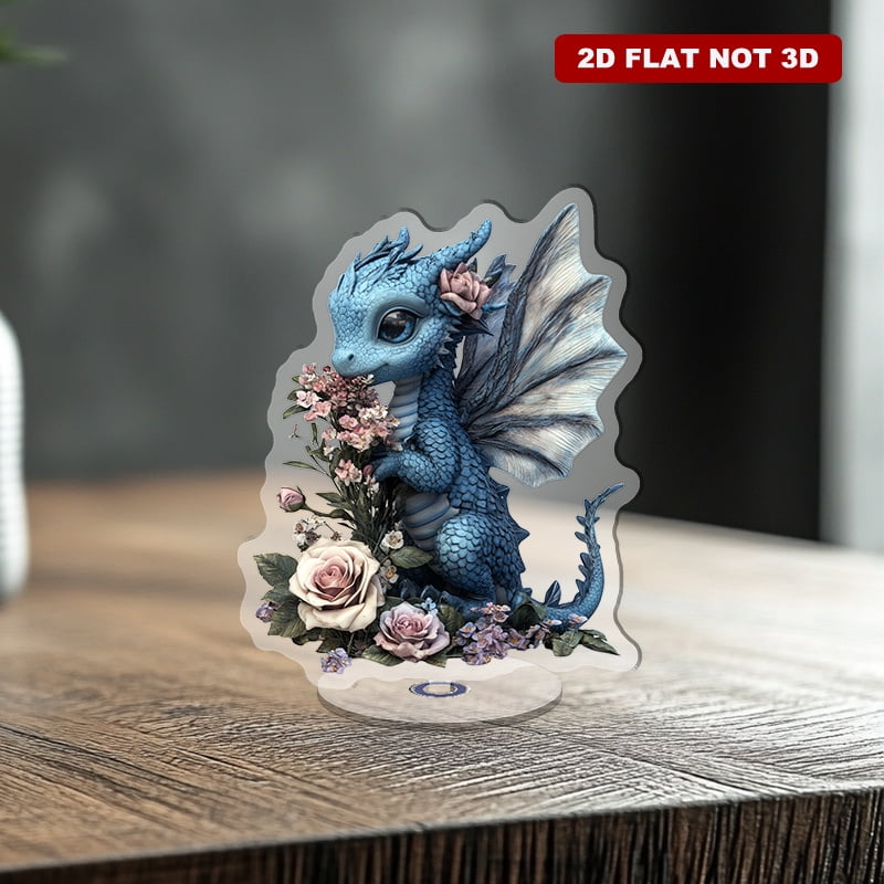 Rotating acrylic display featuring a blue dragon with wings on a floral ...